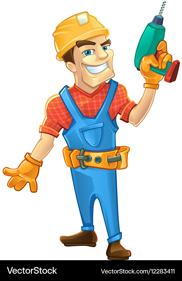 Builder man with smile face holding drill in hand Vector Image