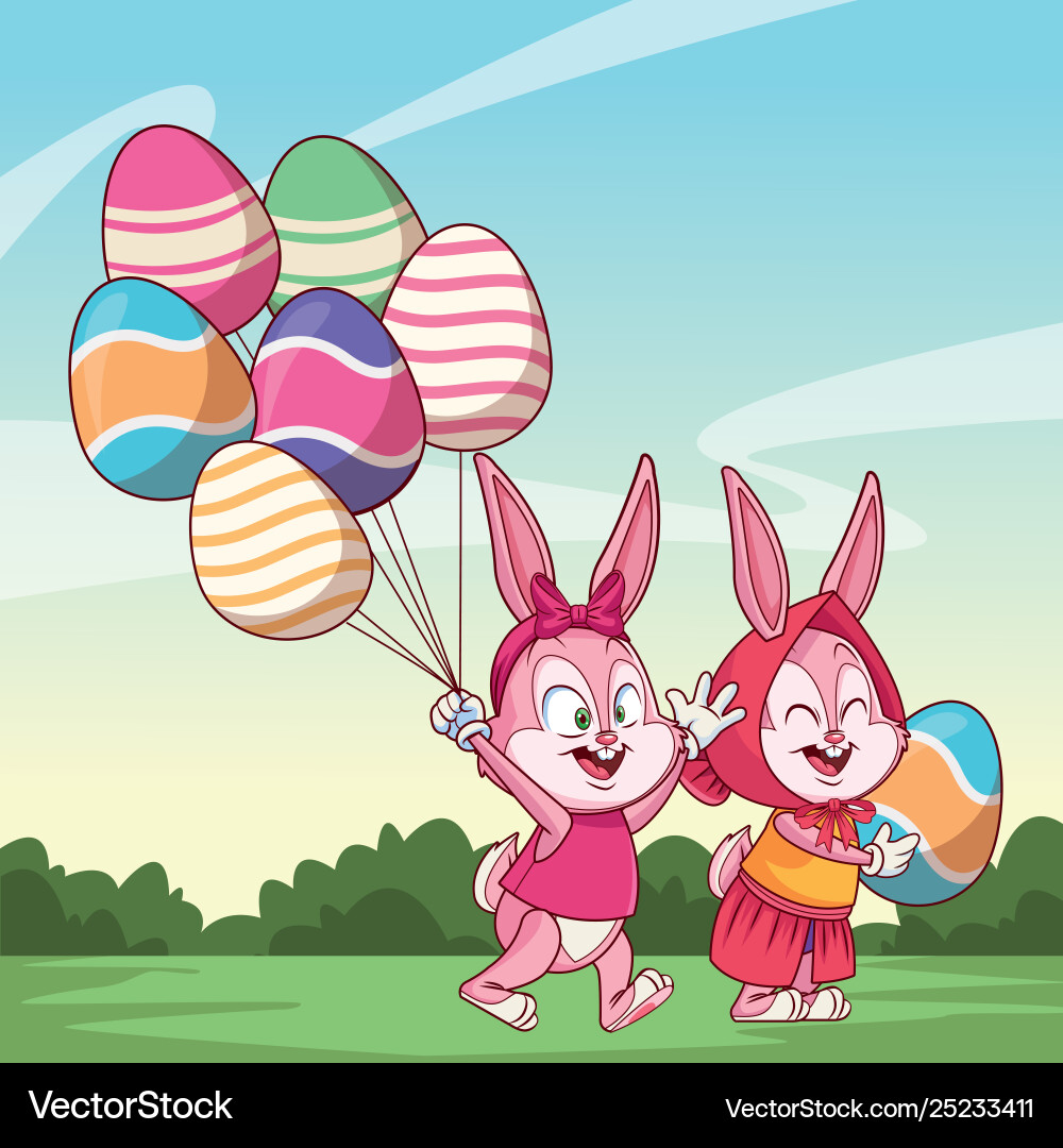 Cute easter bunny happy friends egg balloons Vector Image