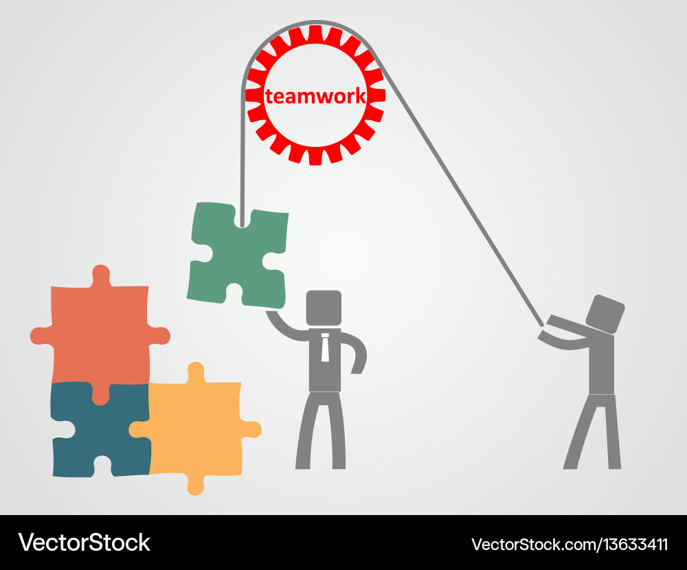 Teamwork concept - an employee raises a puzzles Vector Image