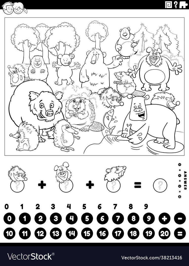 Counting and adding task with animals coloring Vector Image