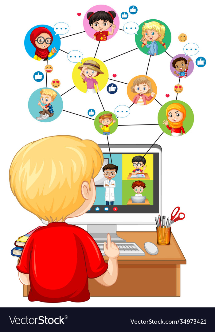 Back view boy looking at computer for online Vector Image