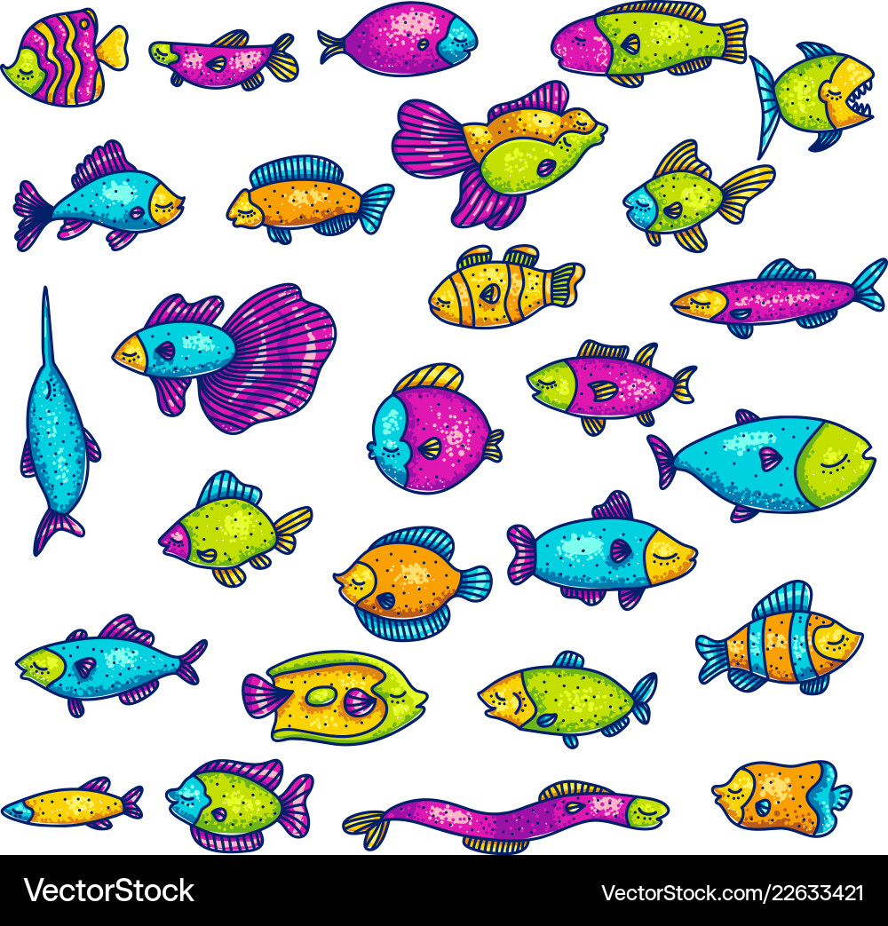 Colorful swimming marine fish in set Royalty Free Vector