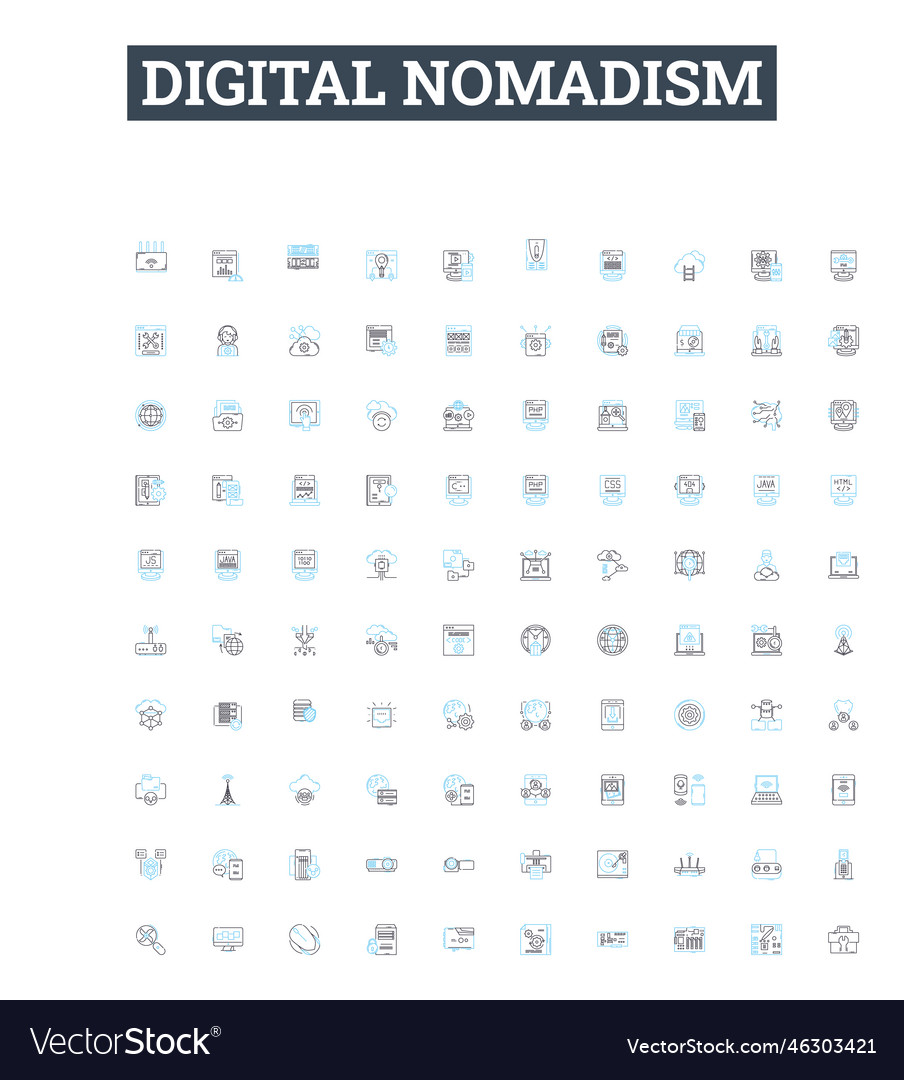 Digital nomadism line icons set remote Royalty Free Vector Digital nomadism line icons set remote Royalty Free Vector