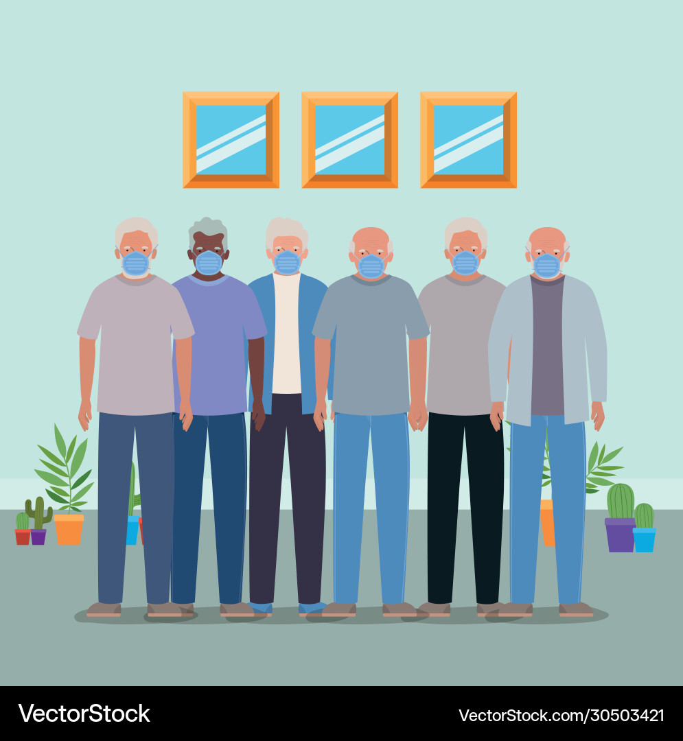 Elder men with masks against inside room covid19 Vector Image
