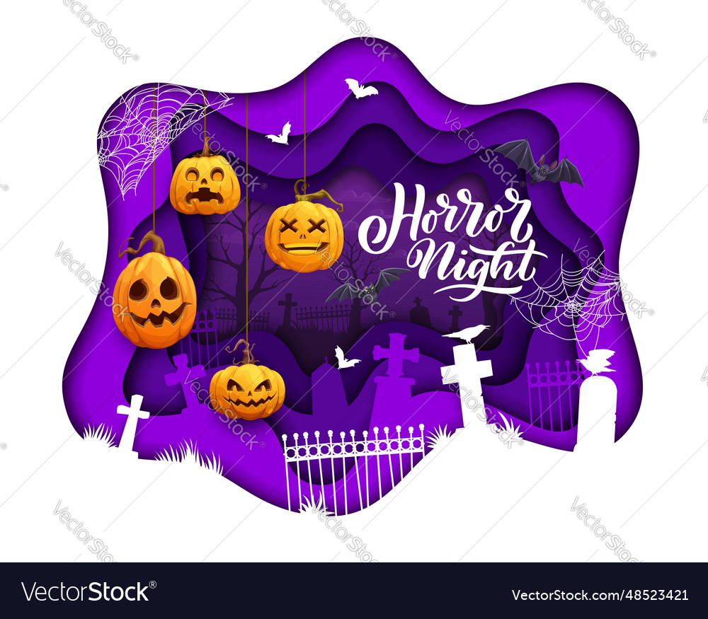 Halloween paper cut banner pumpkins on cemetery Vector Image