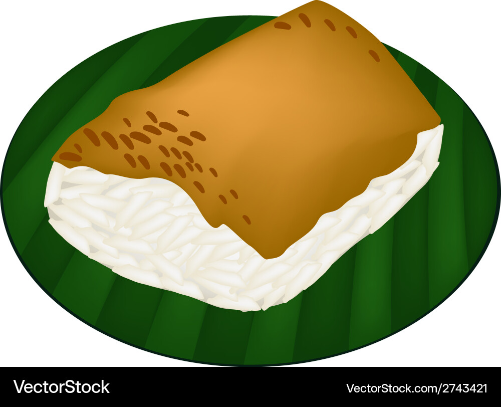 Sticky rice with steamed custard on banana leaf Vector Image