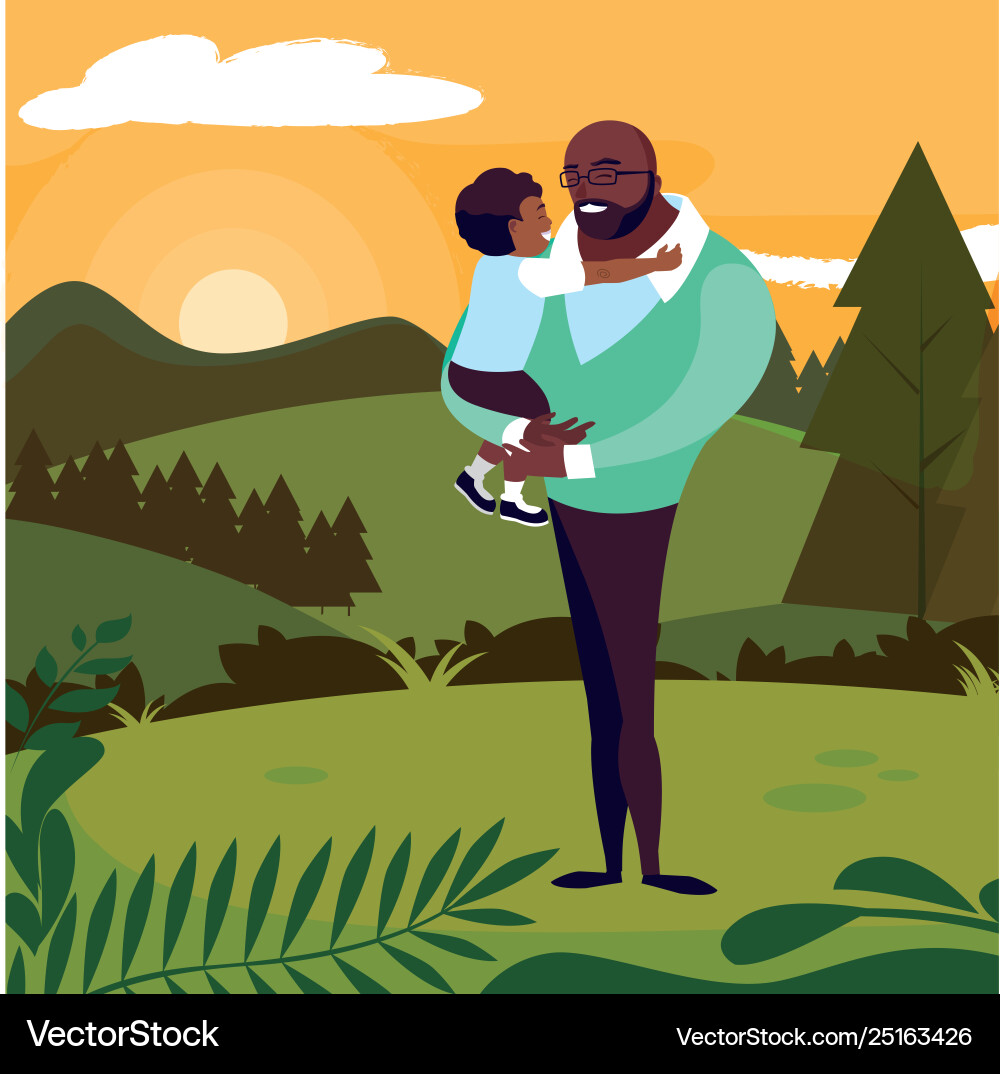 Afro father with son in field Royalty Free Vector Image