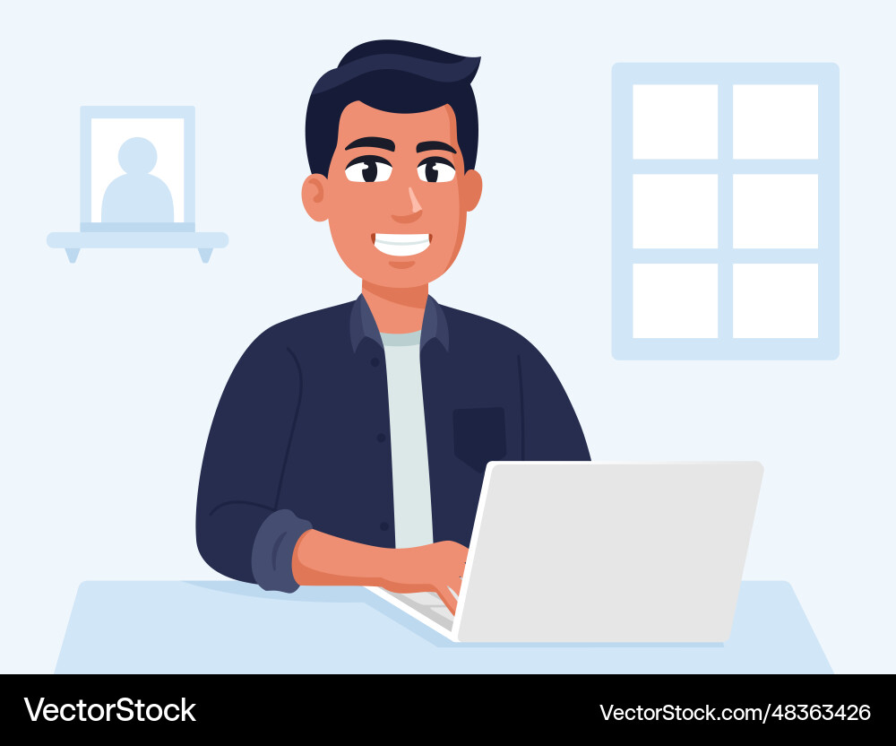 Happy businessman is sitting at desktop work Vector Image