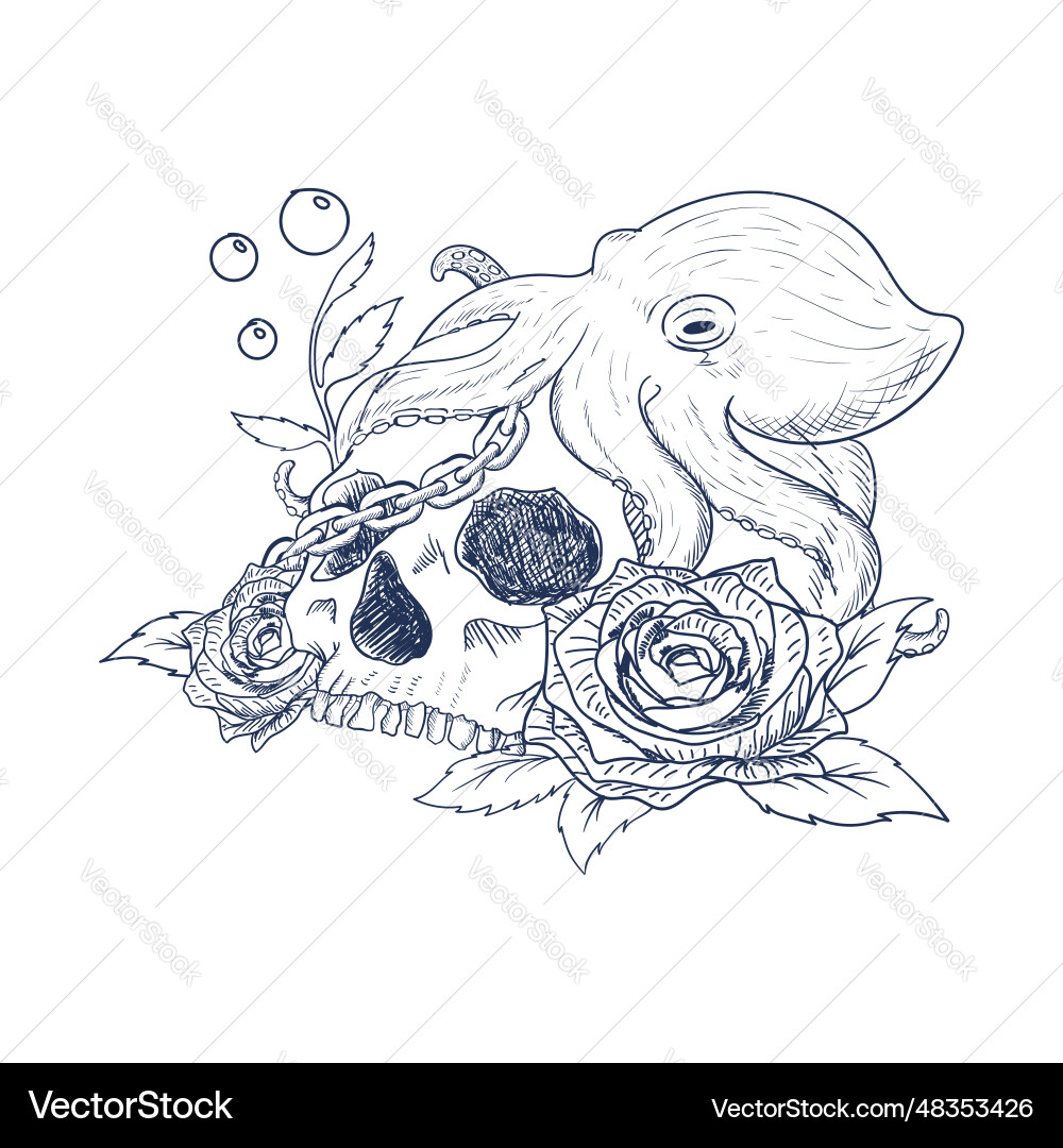 Retro hand drawn human skull rose sink Royalty Free Vector
