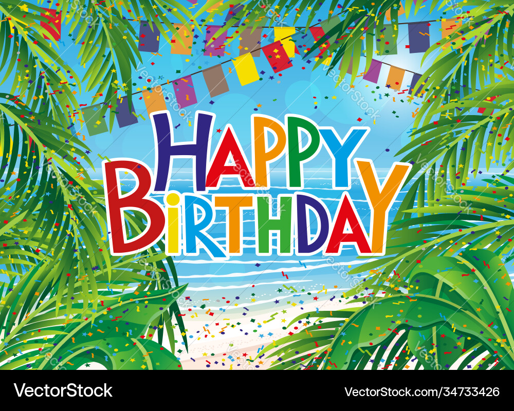 Tropical beach and birthday greeting Royalty Free Vector