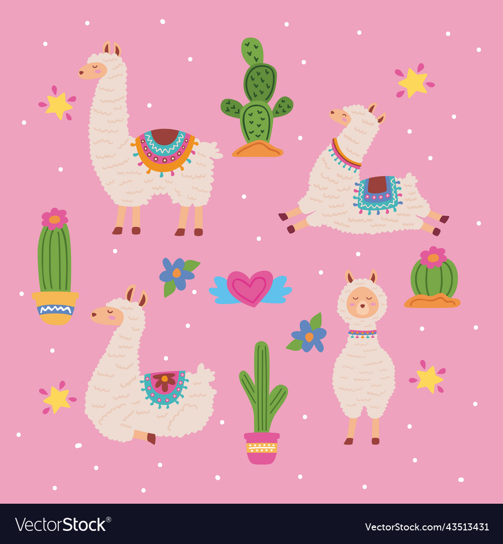 Cute llamas and cactus Royalty Free Vector Image