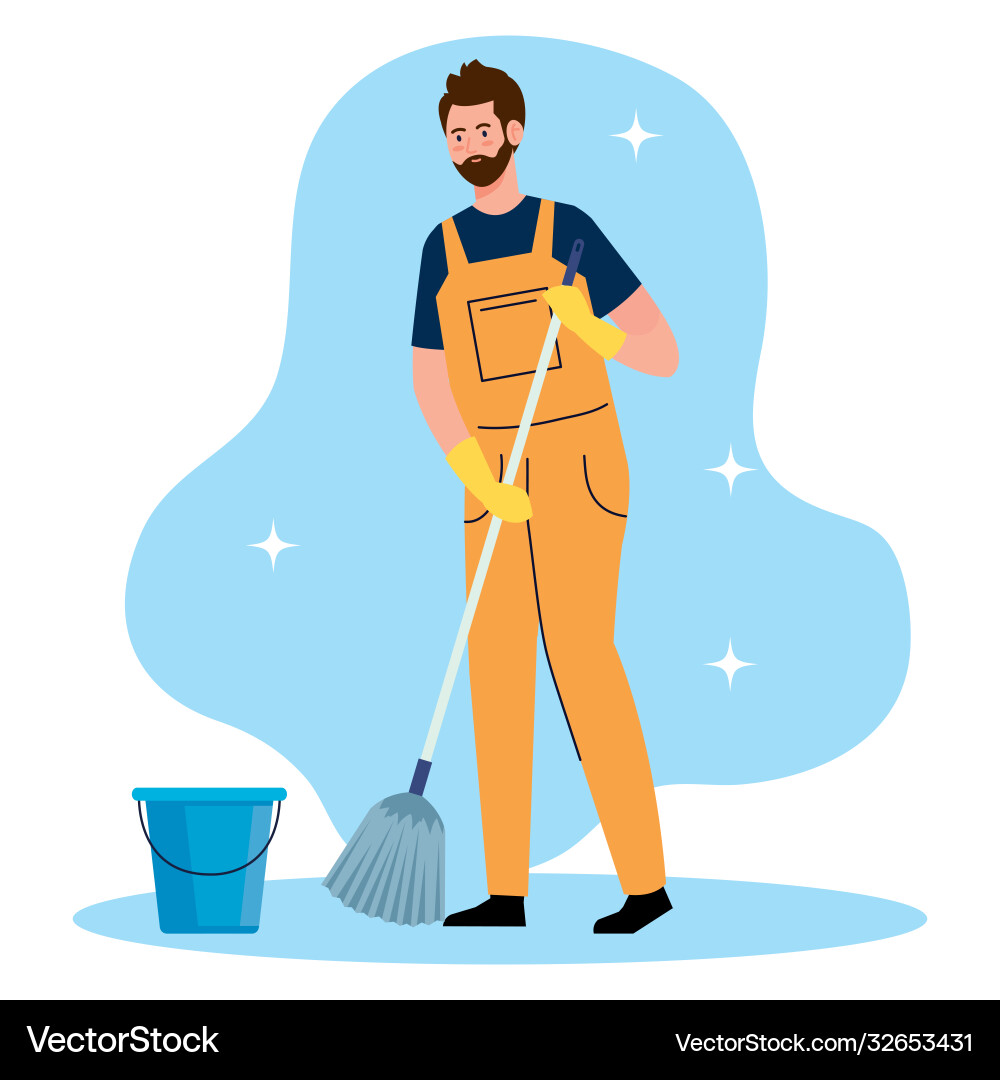Man cleaning worker with mop and bucket Royalty Free Vector