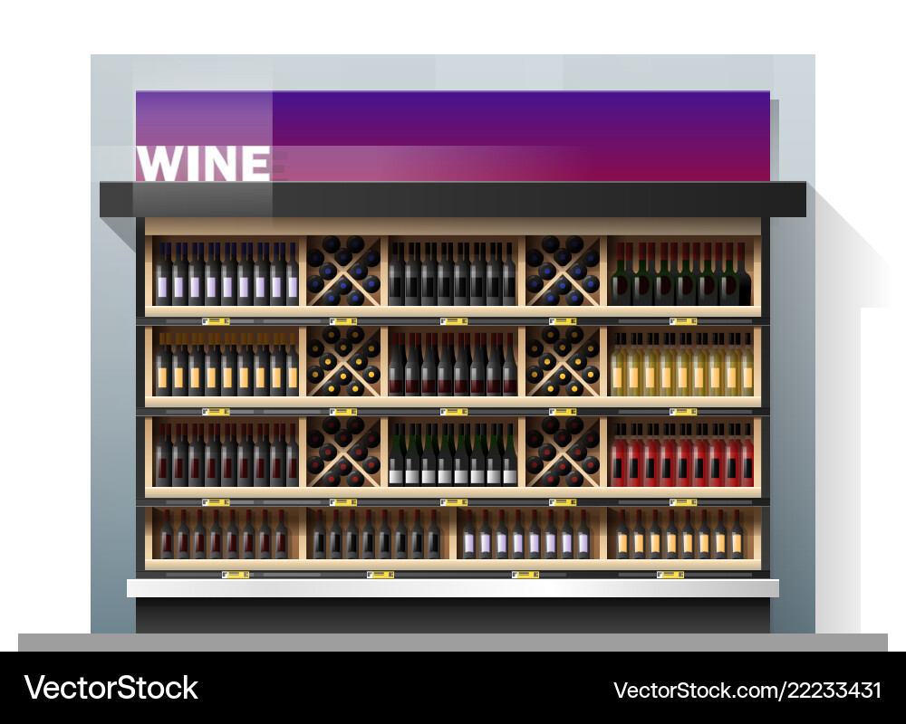 Various bottles of wine display on shelf Vector Image