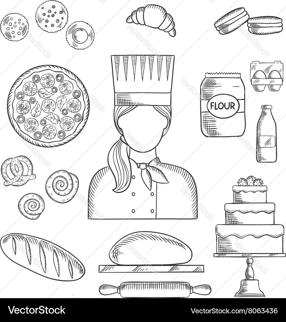Baker profession and pastry sketched icons Vector Image