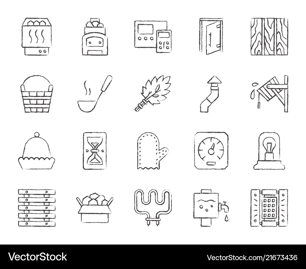 Sauna equipment charcoal draw line icon set Vector Image