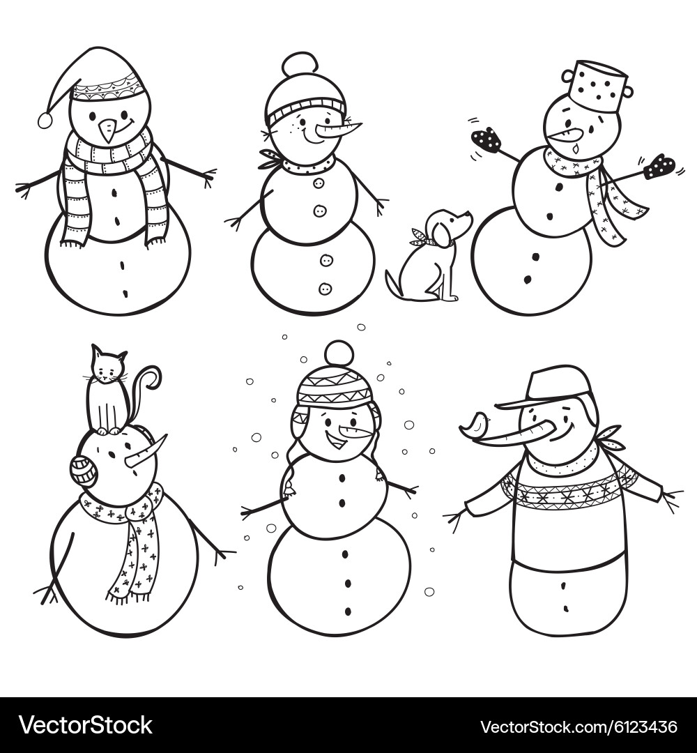 Set 6 hand drawn snowman Royalty Free Vector Image