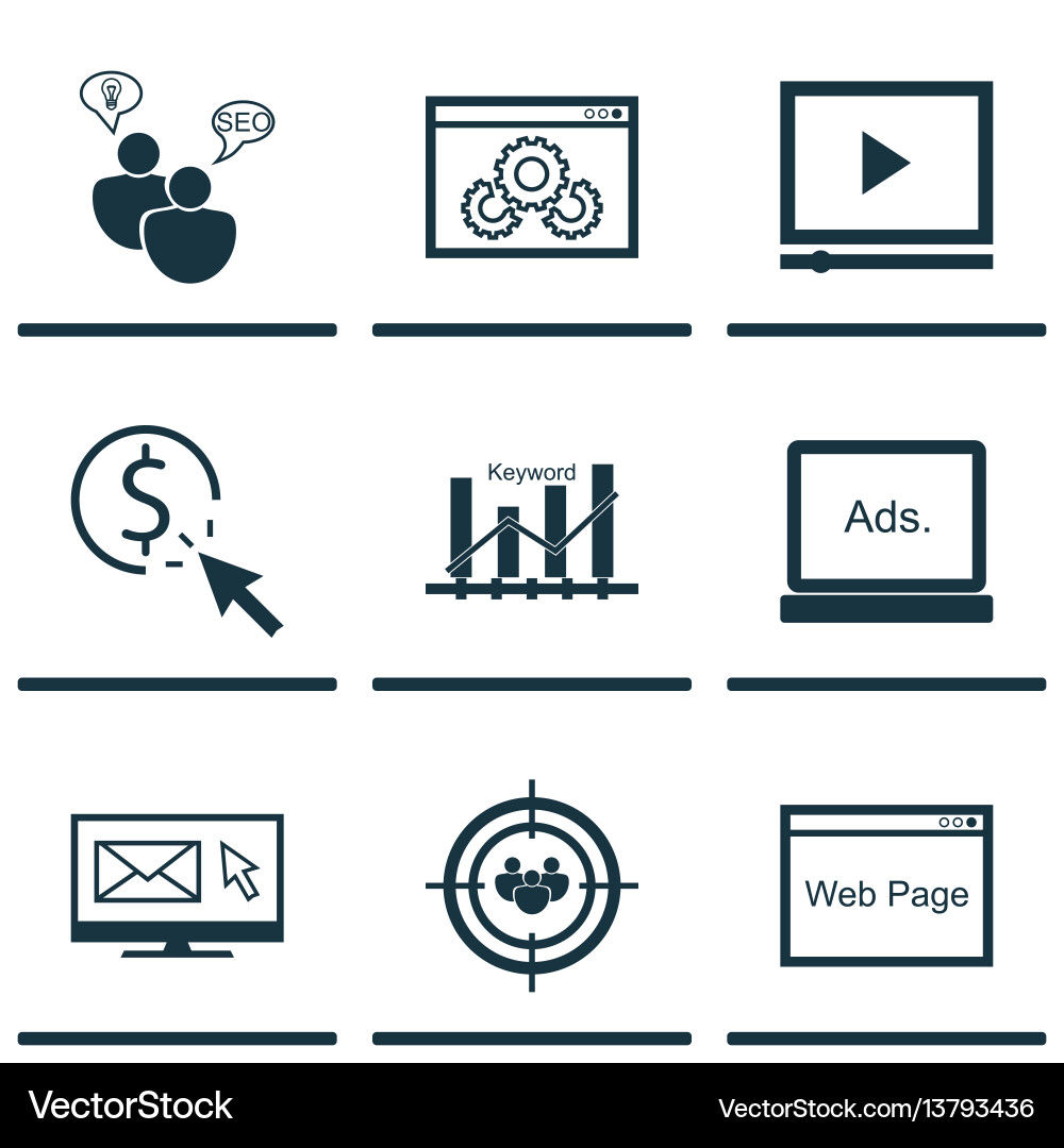 Set of 9 advertising icons includes web page Vector Image