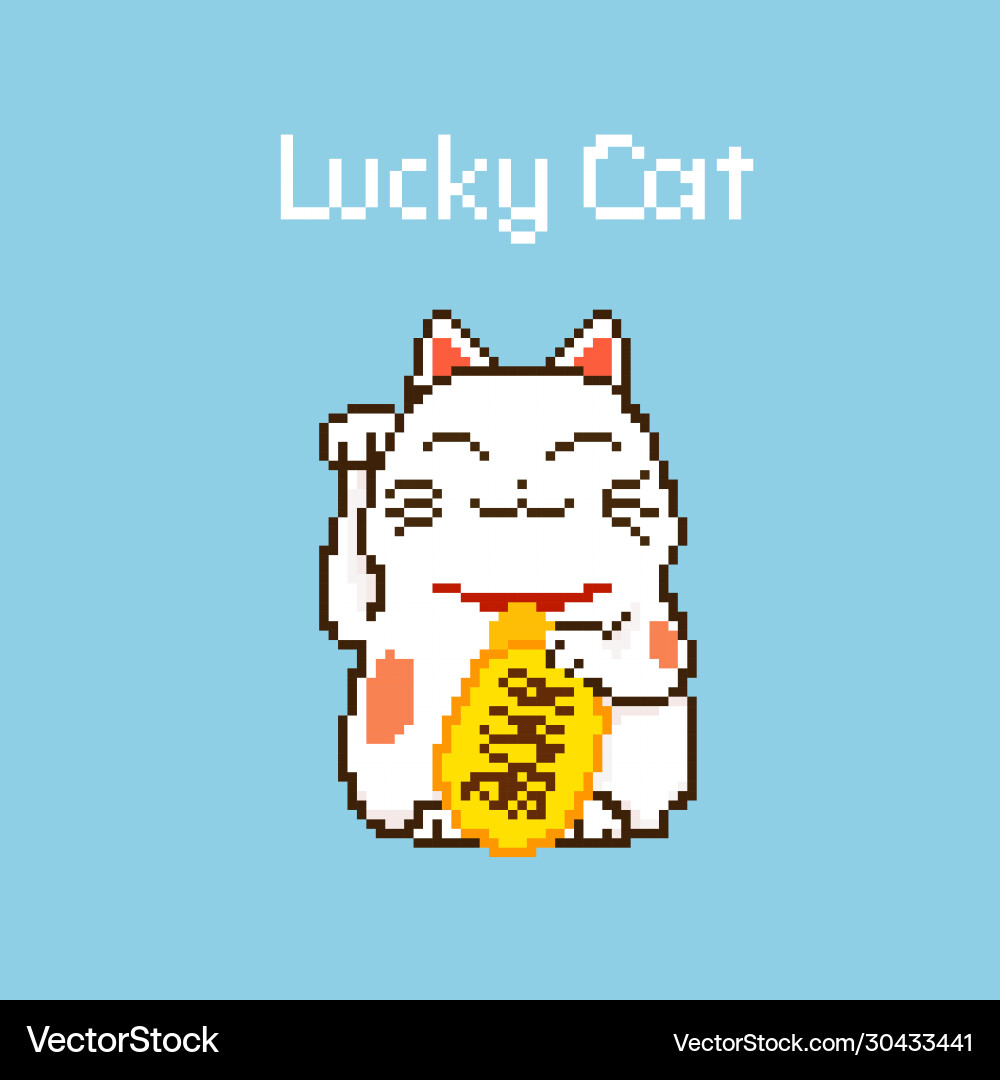 Pixel lucky cat waving hand good luck Royalty Free Vector