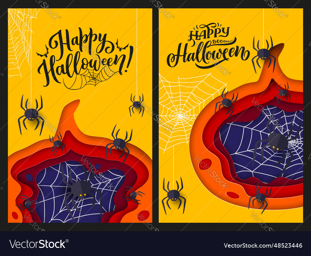 Halloween holiday paper cut posters spider cobweb Vector Image