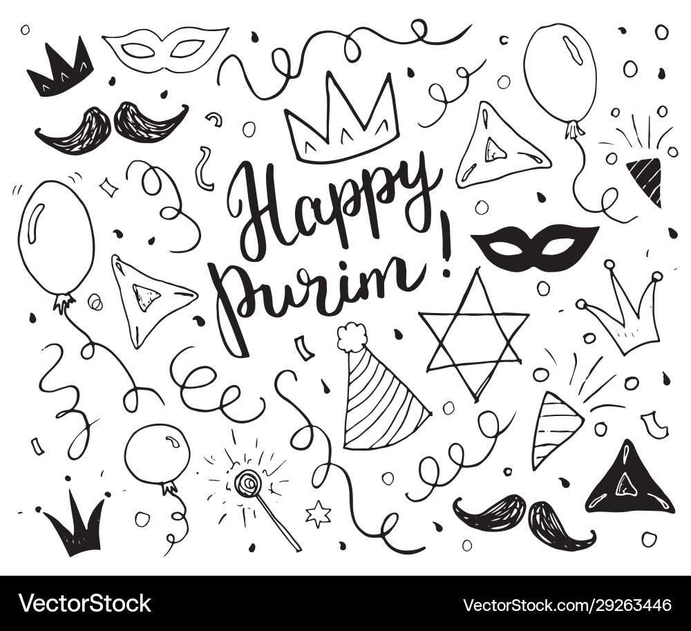 Purim sketch doodles hand drawn set traditional Vector Image