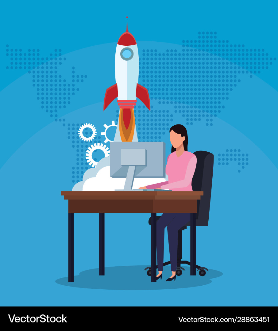 Businesswoman working computer rocket success Vector Image
