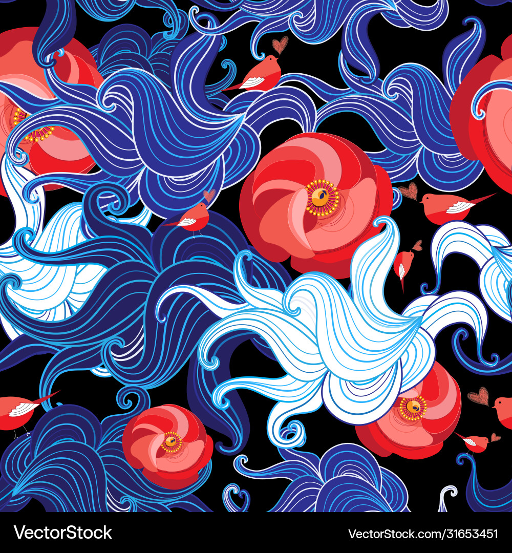Seamless color floral pattern with birds Vector Image