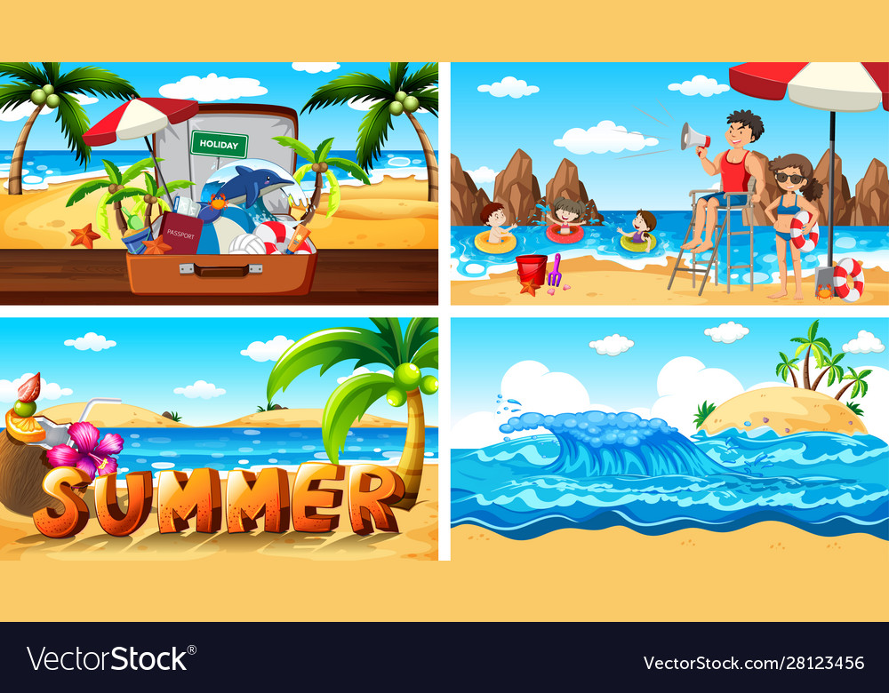 Four background scenes with summer on beach Vector Image
