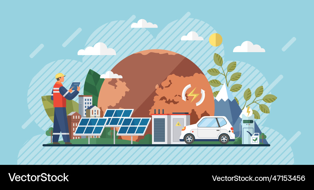 Solar panel and batteries with sun electric car Vector Image