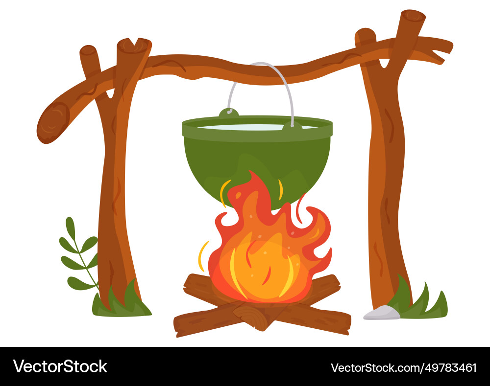 Cooking outdoors in the field a pot on fire Vector Image