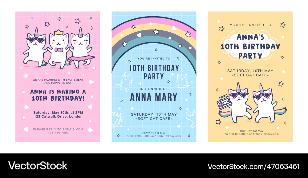 Invitation cards with unicorn cats set Royalty Free Vector