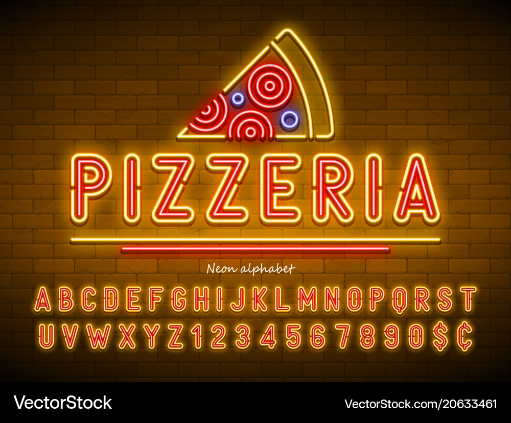 Pizzeria neon light alphabet extra glowing font Vector Image