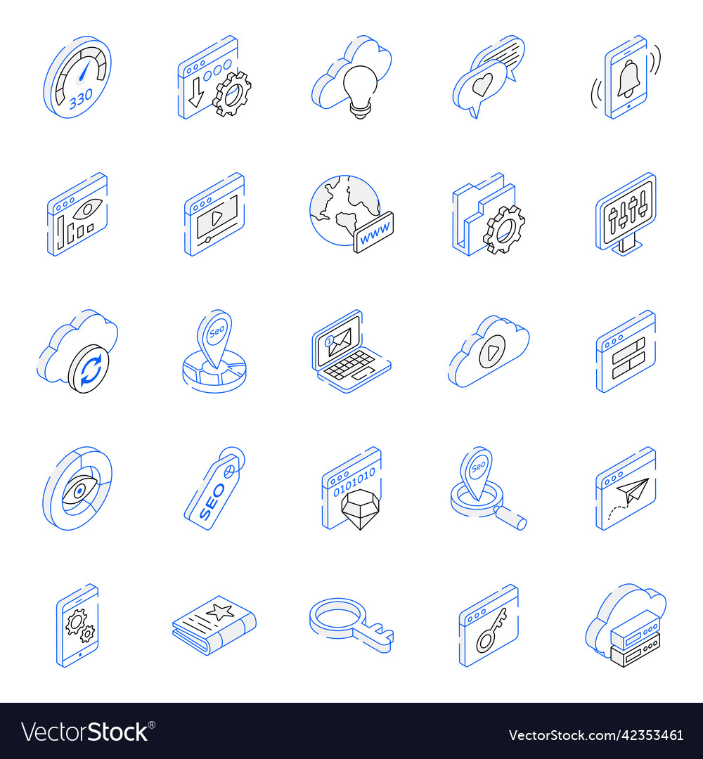 Set of seo outline isometric icons Royalty Free Vector Image Set of seo outline isometric icons Royalty Free Vector Image