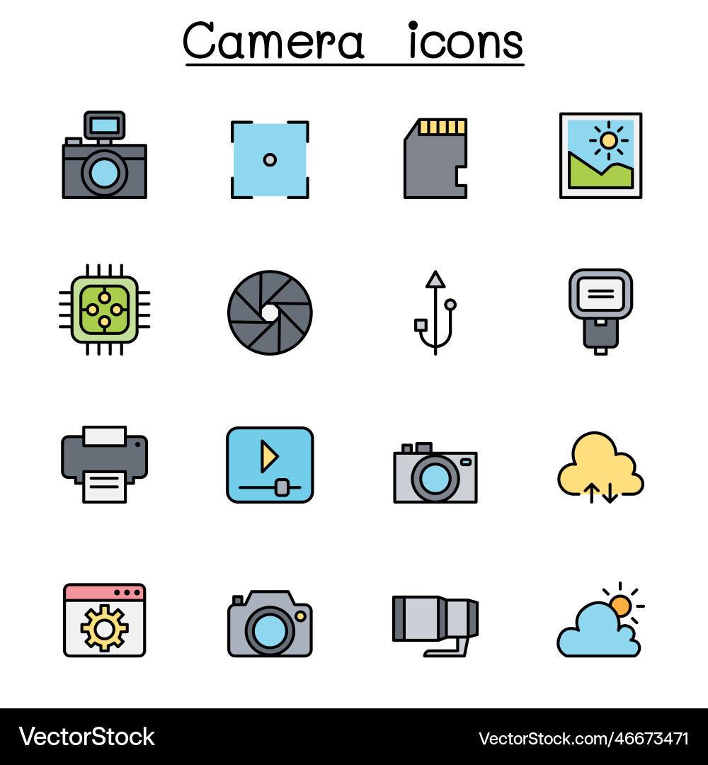 Photography color line icon set Royalty Free Vector Image