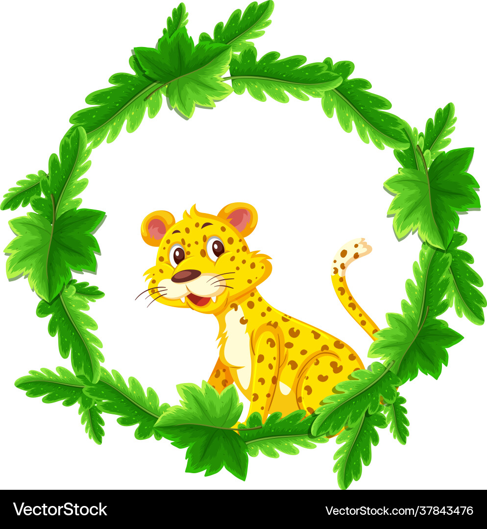 Round green leaves banner template with a leopard Vector Image