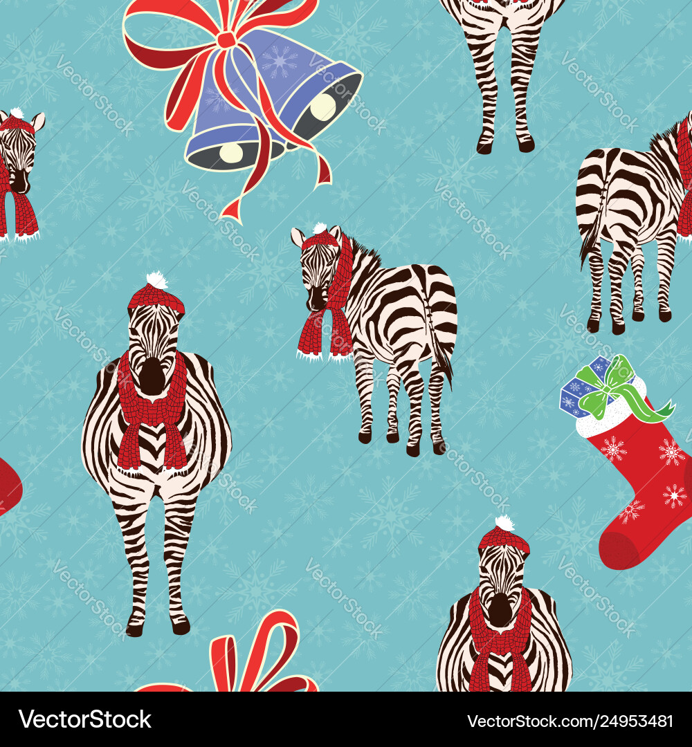 Zebra gift sock bells seamless christmas Vector Image