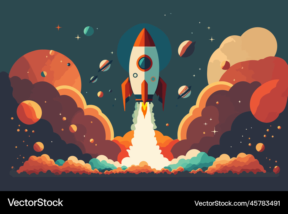 Rocket flying in space start up business concept Vector Image