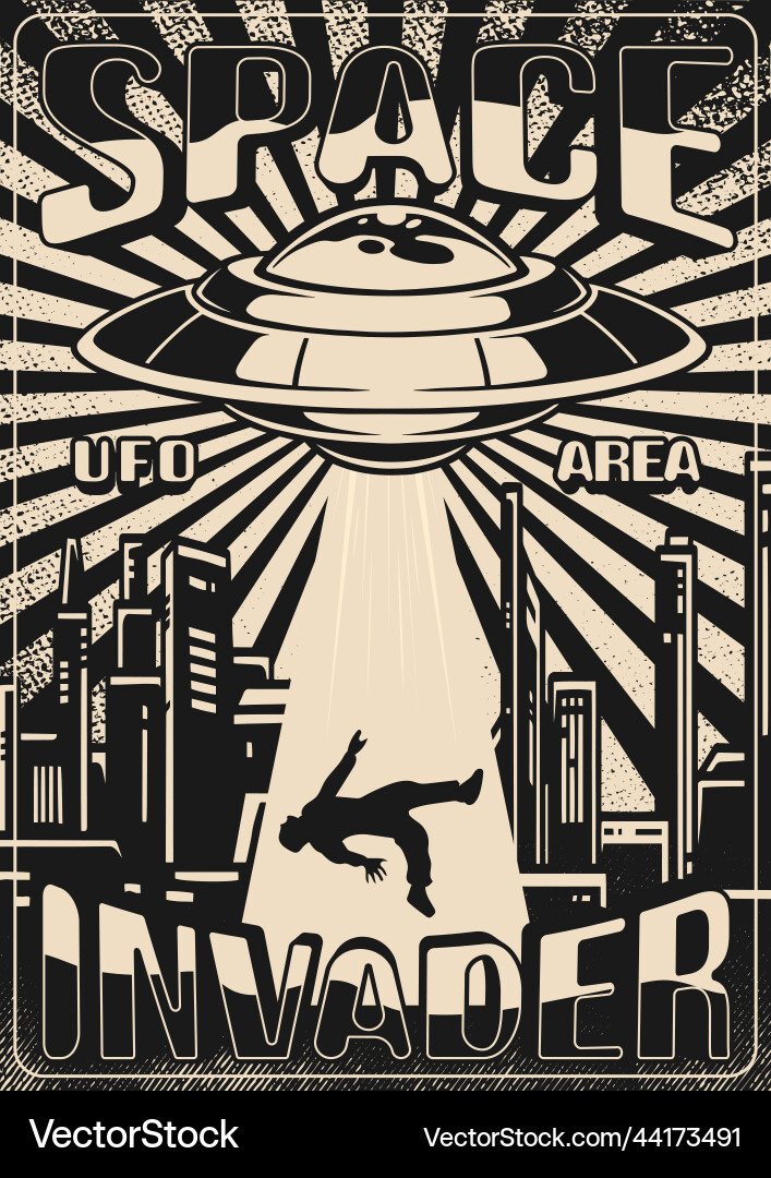 Ufo kidnapping flyer monochrome vintage Royalty Free Vector