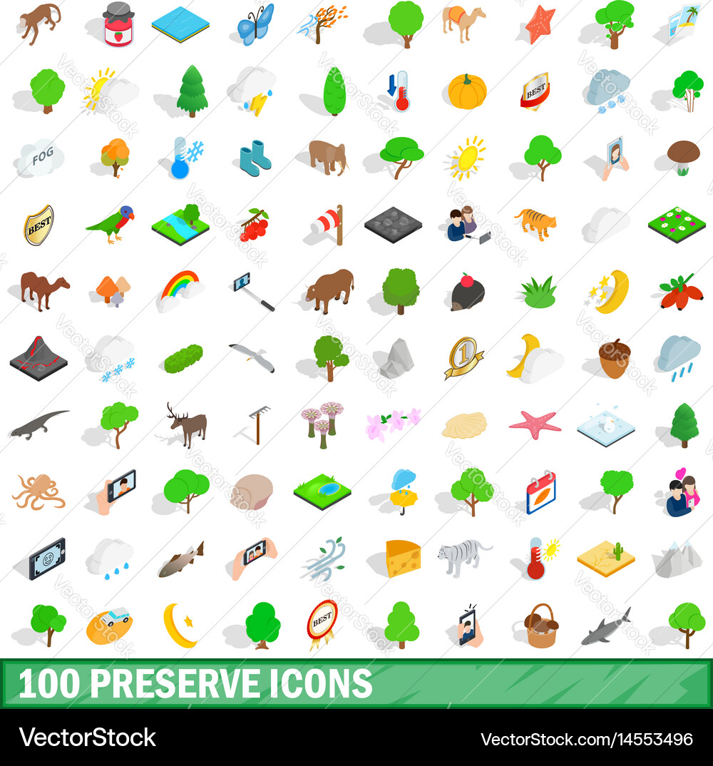 100 preserve icons set isometric 3d style Vector Image