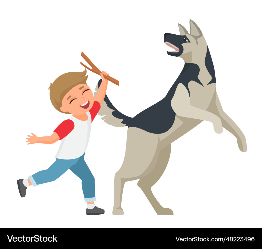 Boy throwing stick for dog Royalty Free Vector Image