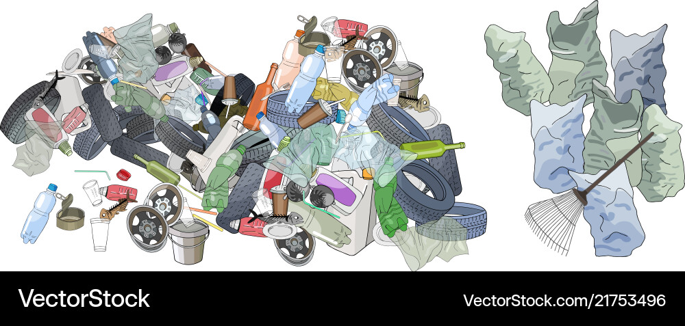 Pile of garbage bags and rake Royalty Free Vector Image