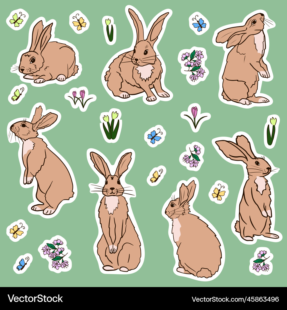 Spring hand drawn set of stickers with rabbits Vector Image
