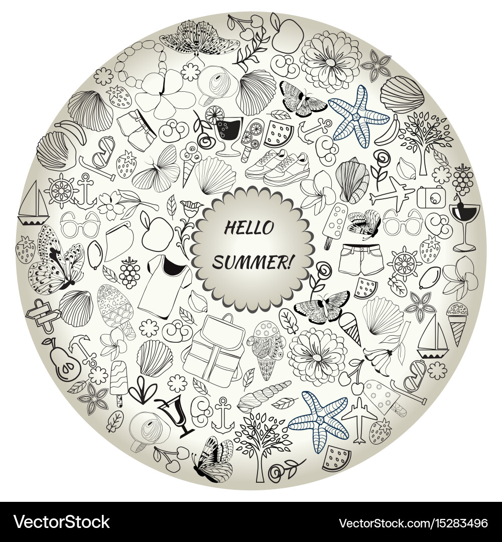Summer symbols and objects drawing hand Royalty Free Vector