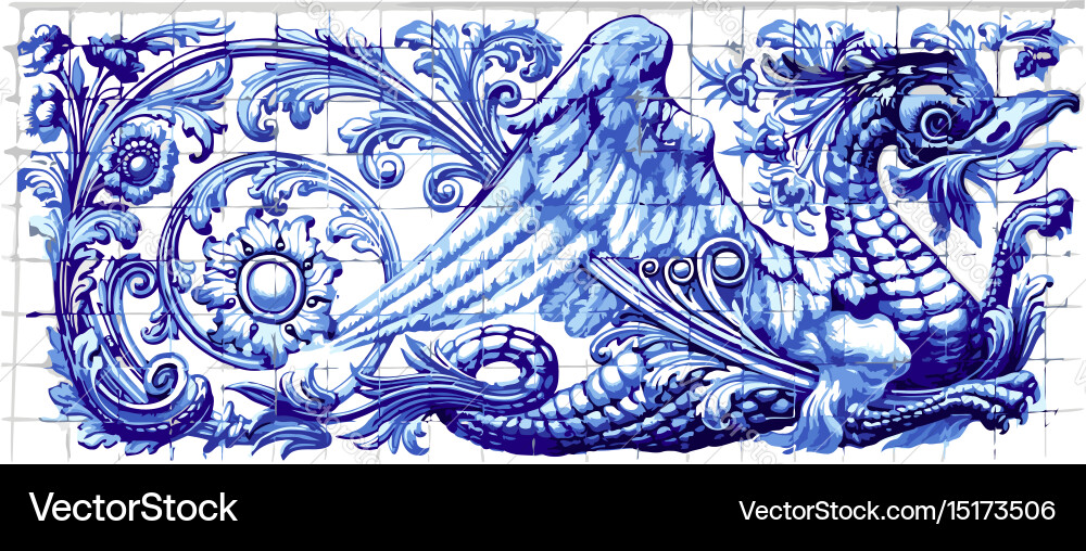 Blue dragon azulejo ceramic tile magnet souvenir Vector Image