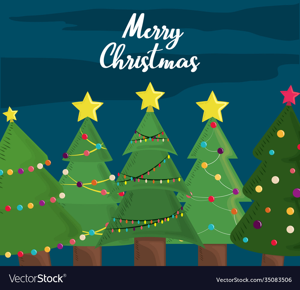 Merry christmas trees greeting card decoration Vector Image