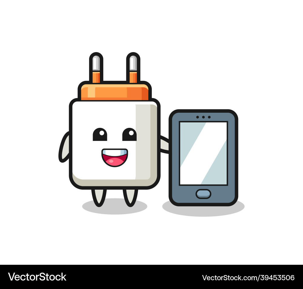 Power adapter cartoon holding a smartphone Vector Image