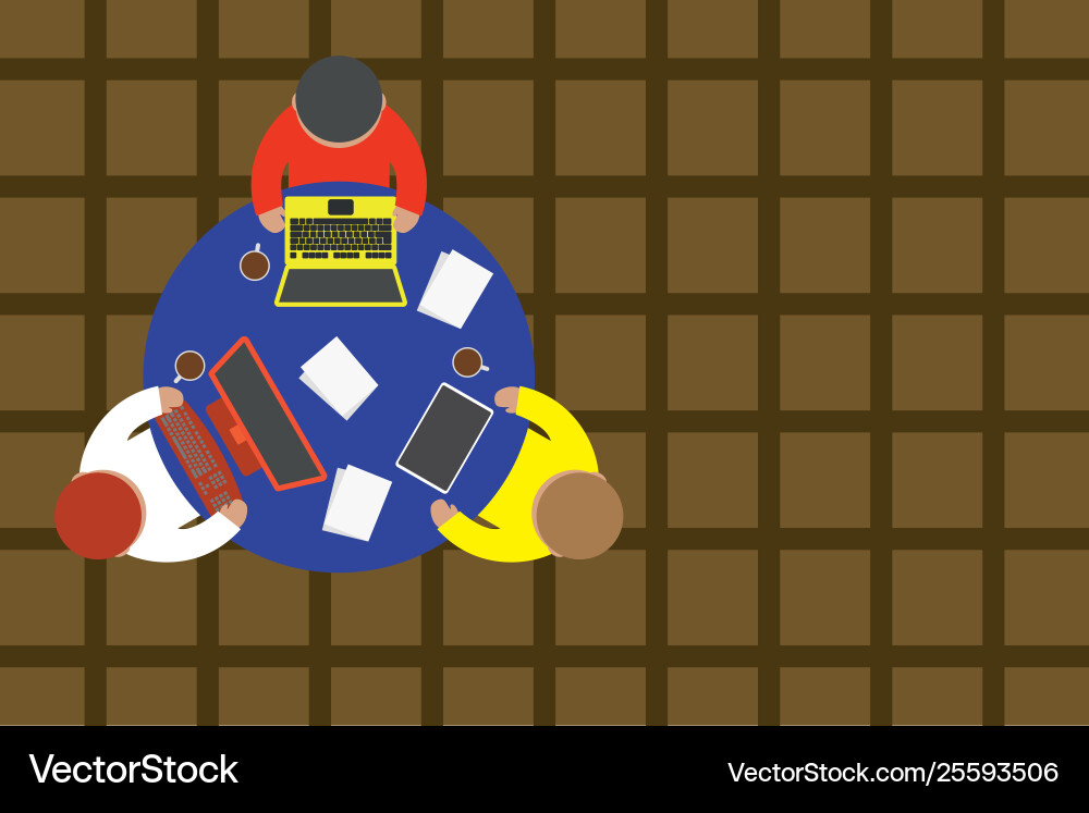 Upper view three busy office workers round table Vector Image
