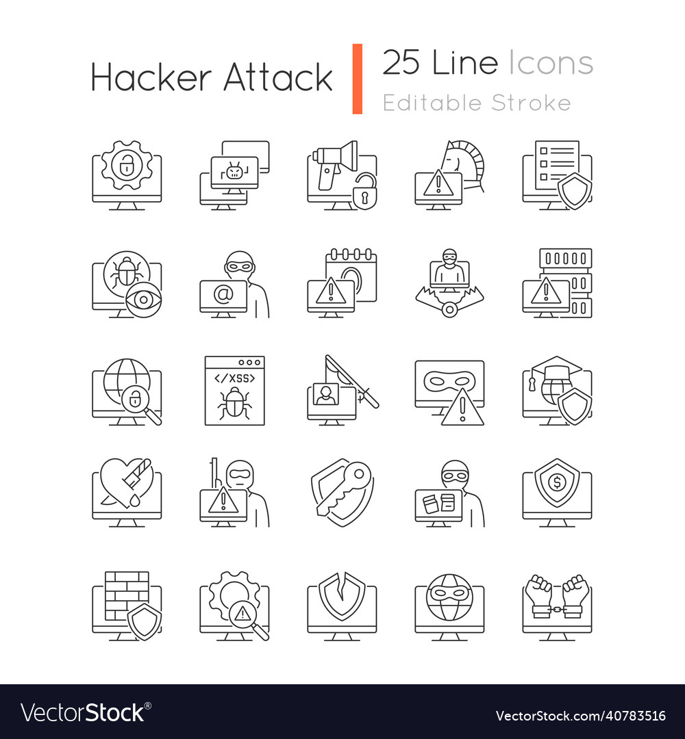 Hacker attack linear icons set Royalty Free Vector Image