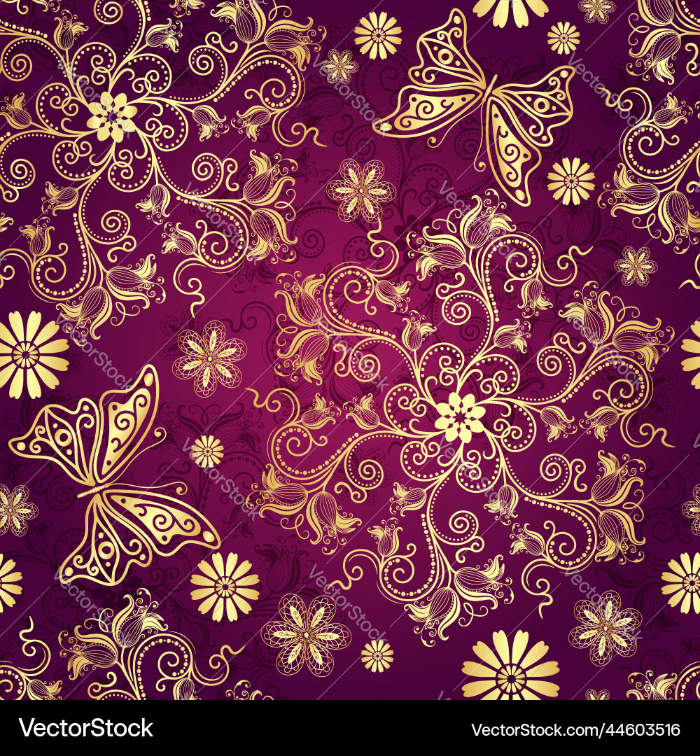 Seamless purple pattern with golden butterflies Vector Image
