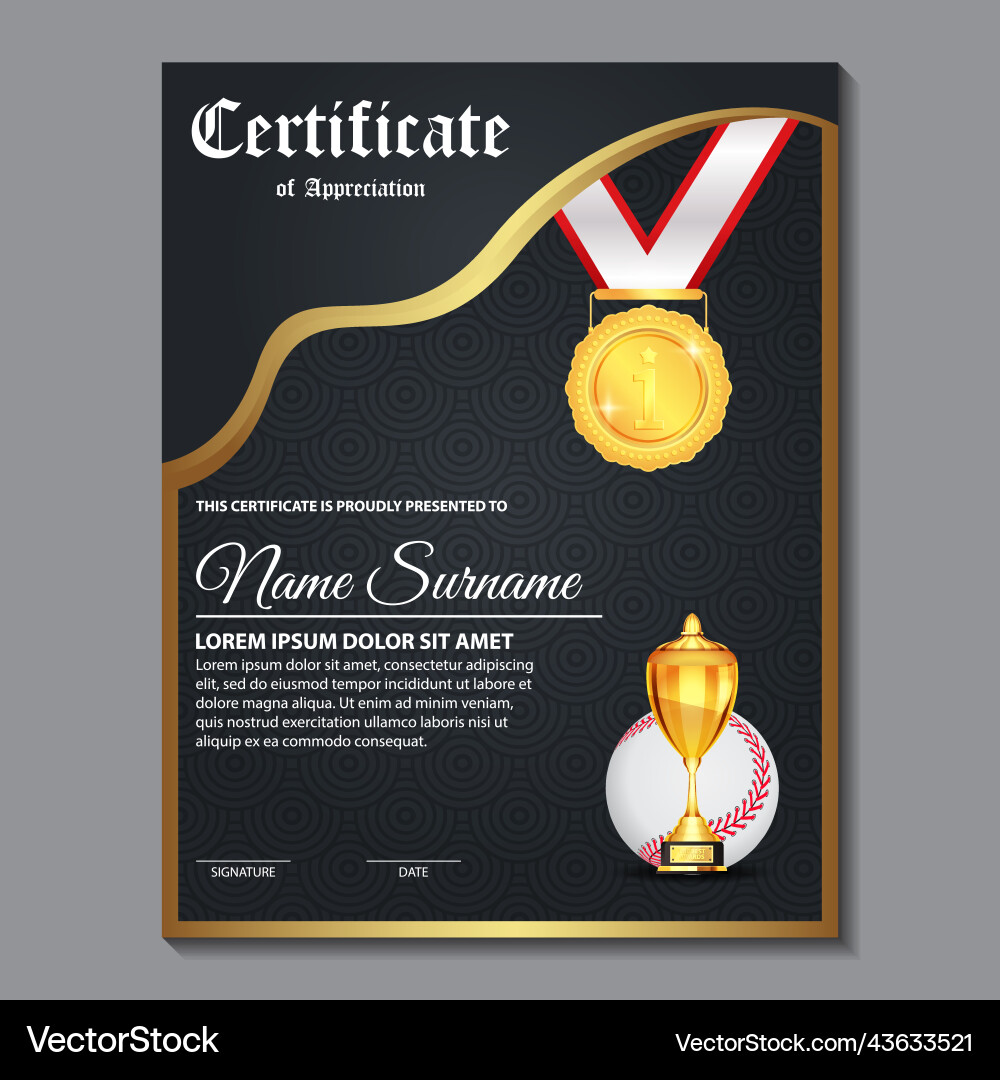 Baseball certificate design with gold cup set Vector Image