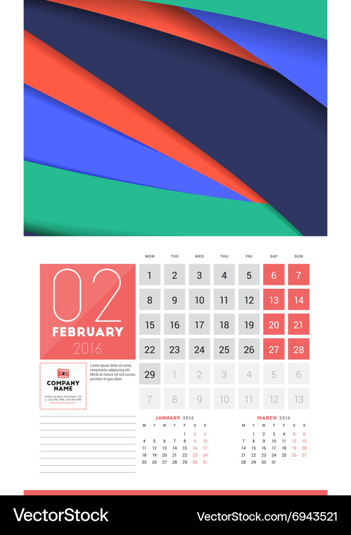 Calendar for 2016 year february design clean Vector Image
